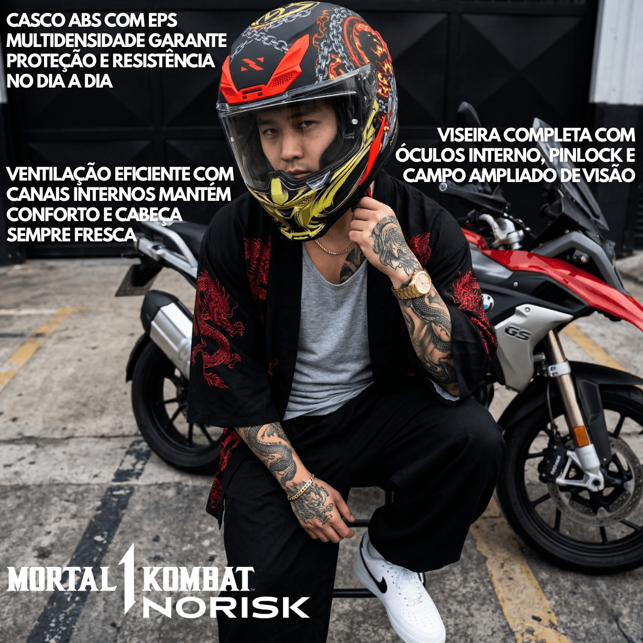Capacete Norisk Rock Com Oculos Solar Mortal Kombat Scorpion - RS1 Moto